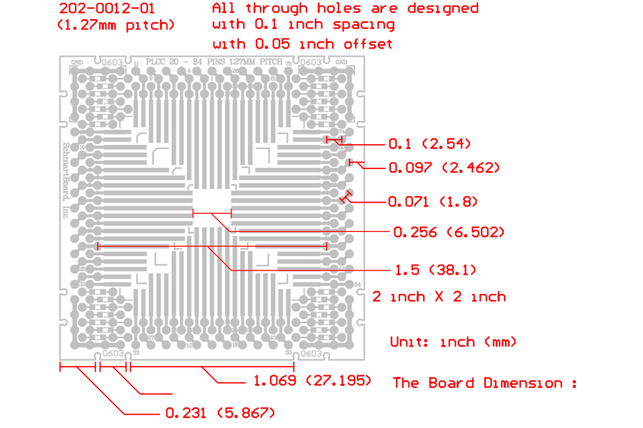 PLCC 2x 2" Grid EZ Version 20-84 Pins 0.05" Pitch from Schmart on Tindie